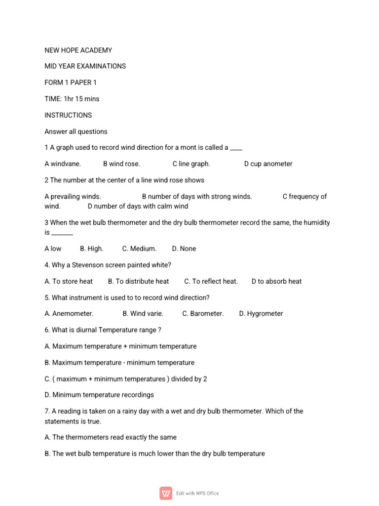 Form 1 Mid-Year Exam: Geography & Ecology | PDF