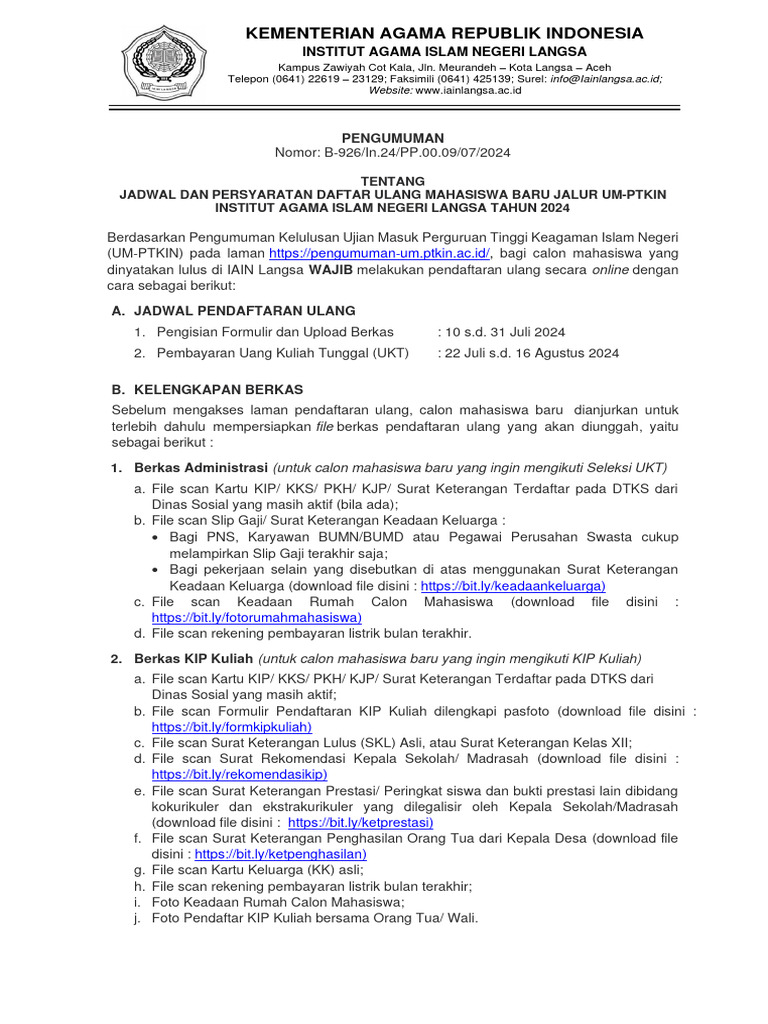 Jadwal Dan Persyaratan Daftar Ulang UM-PTKIN Tahun 2024 | PDF