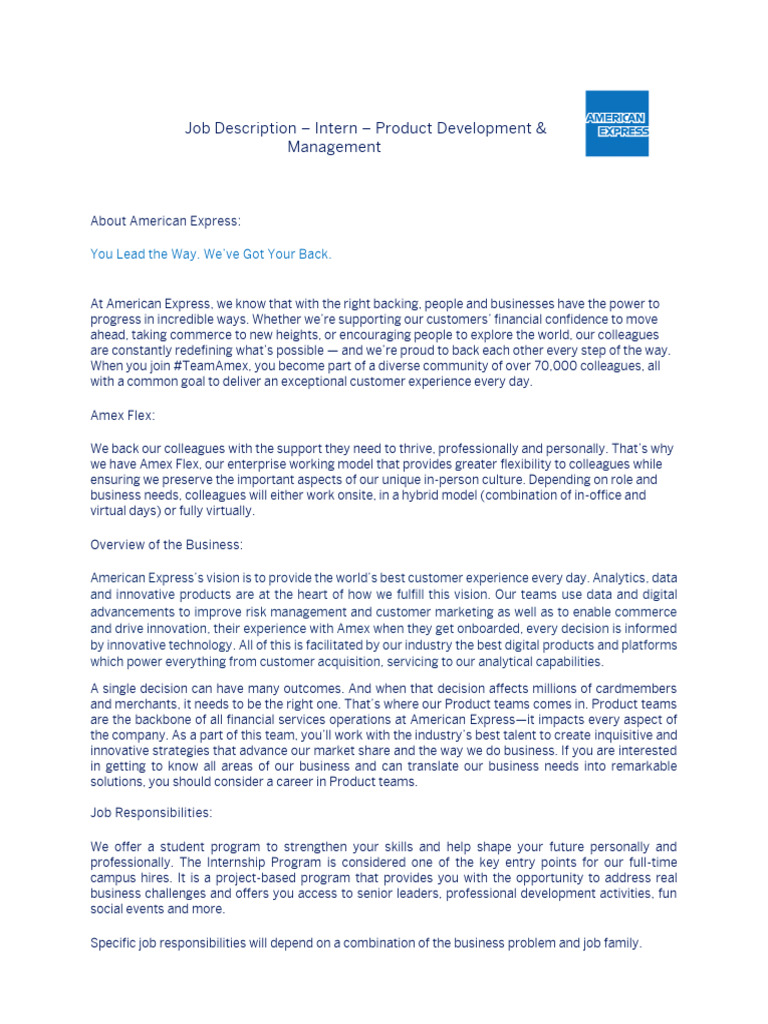 Amex - Campus JD - Product Development and Management - Intern - 2024 ...