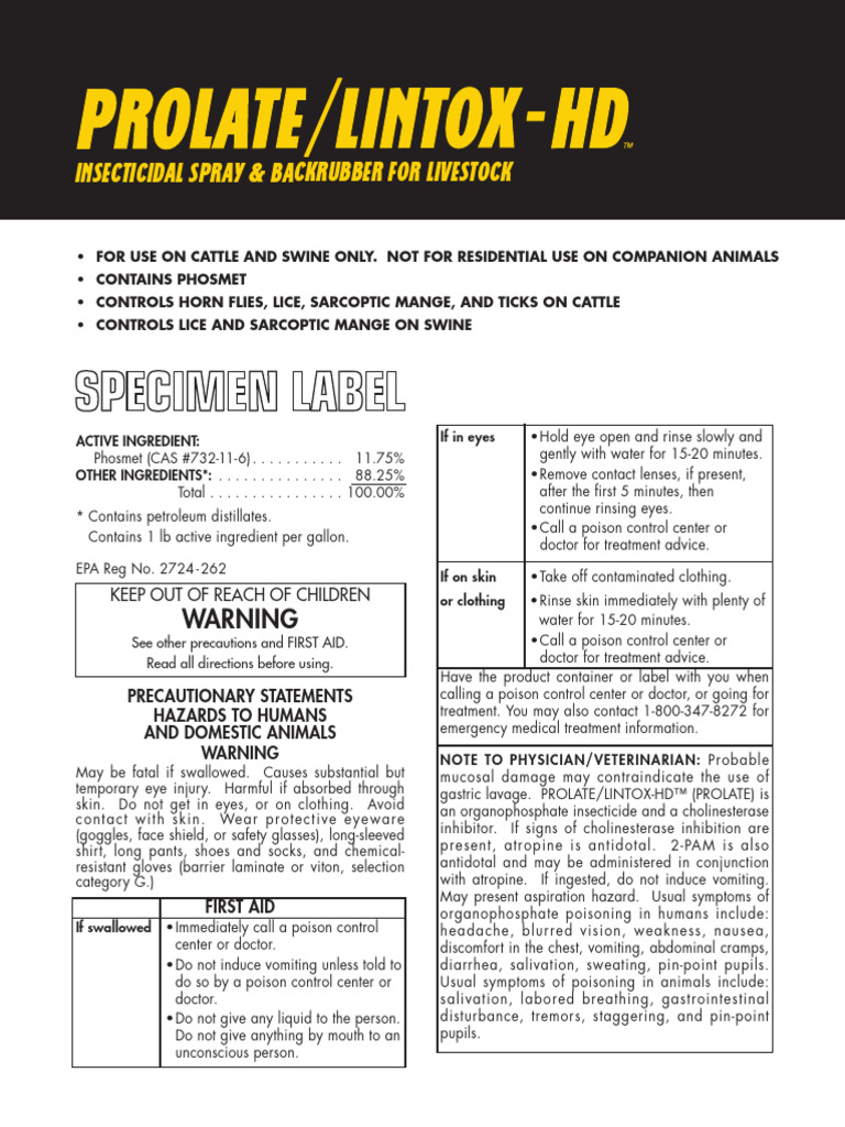 Prolate Lintox-HD Insecticidal Spray Backrubber Specimen Label | PDF ...