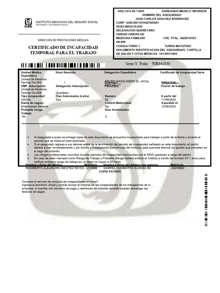 Certificado de Incapacidad Temporal para El Trabajo: Serie Y Folio WR941839 | PDF | Medicina ...
