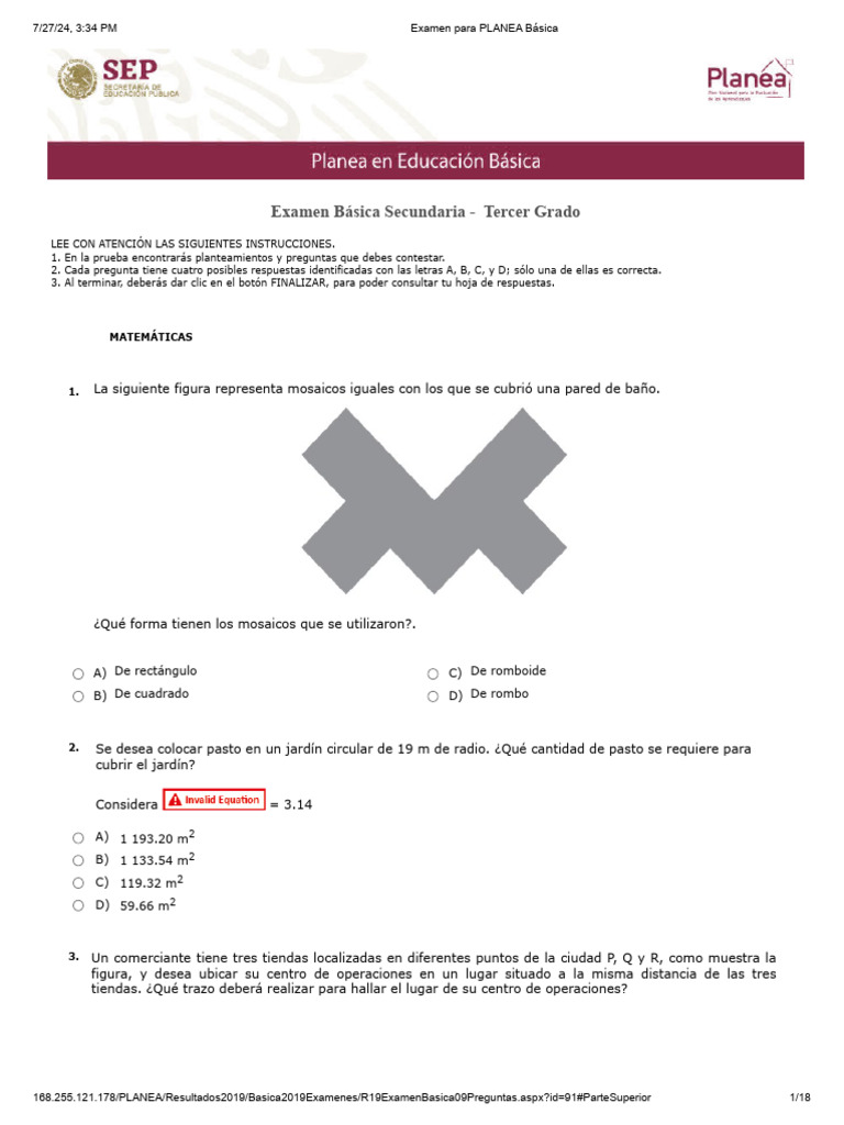 Examen para PLANEA Básica Mat | PDF | Triángulo | Formas geométricas