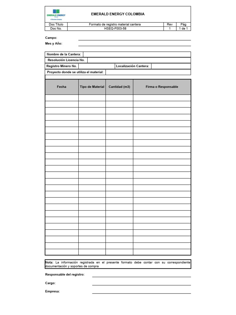 HSEQ-F003-58 Formato de Registro Material Cantera | PDF