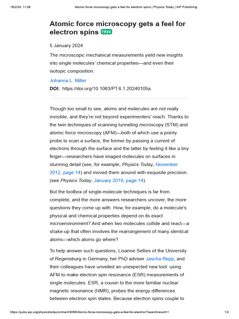 Atomic Force Microscopy Gets A Feel For Electron Spins - Physics Today - AIP Publishing | PDF ...