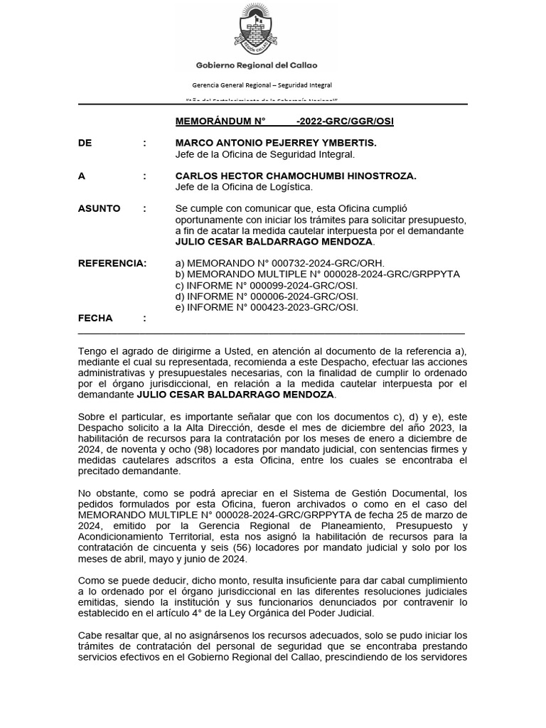 Memorándum A Recursos Humanos Sobre Acatamiento de Medida Cautelar Caso ...