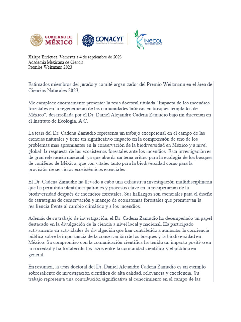 CARTA DANIEL CADENA Tesi Doctoral | PDF | Biodiversidad | Los bosques