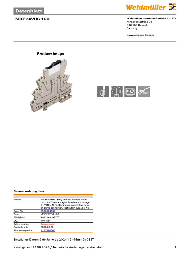 MRZ 24VDC 1CO Relay Module Data Sheet | PDF | Insulator (Electricity ...