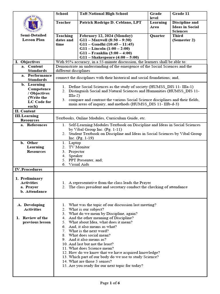 DISS - Semi-Detailed Lesson Plan | PDF | Science | Knowledge