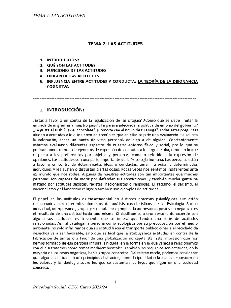 Tema 7. Las Actitudes | PDF | Actitud (psicología) | Comportamiento