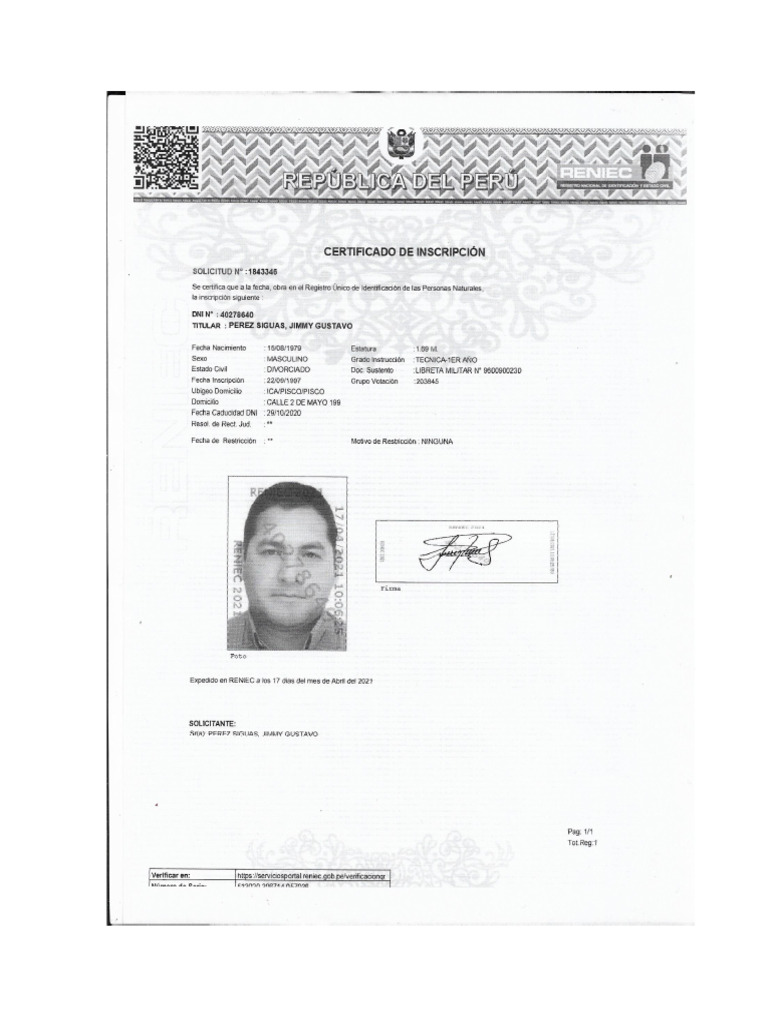 Certificado de Inscripcion | PDF