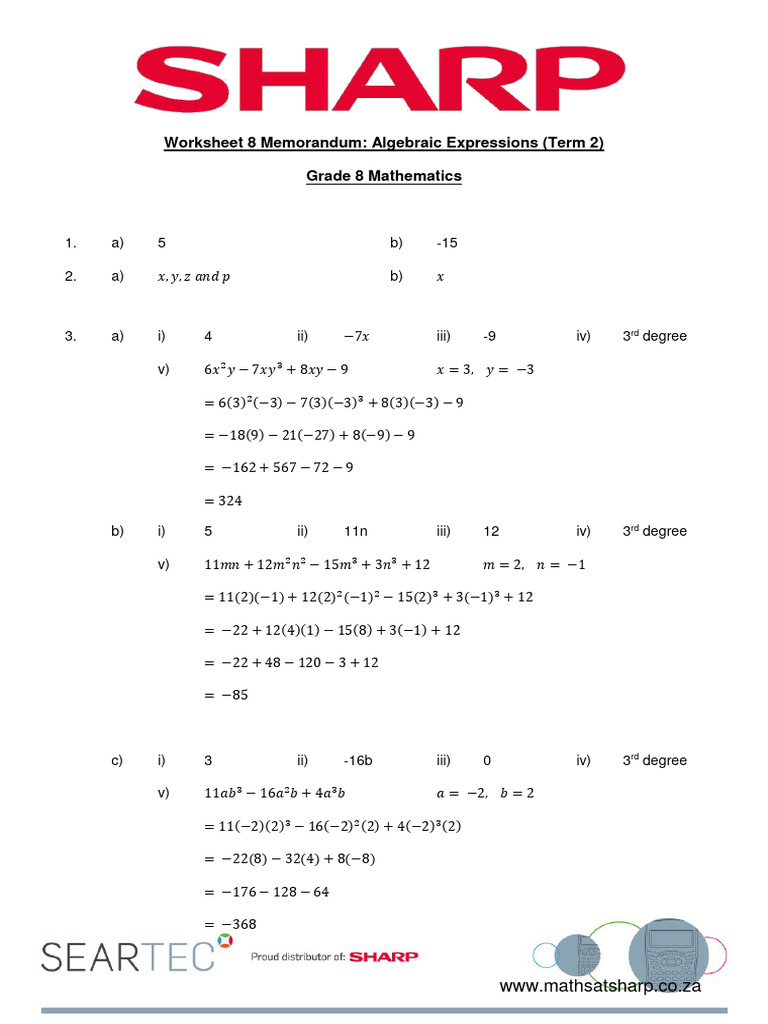 Worksheet 8 Memorandum Algebraic Expressions Term 2 | PDF | Mathematics | Algebra