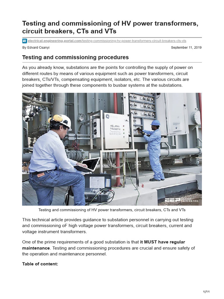 Testing And Commissioning Of Hv Power Transformers Circuit Breakers Cts