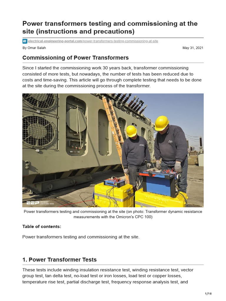 Power Transformers Testing And Commissioning At The Site Instructions