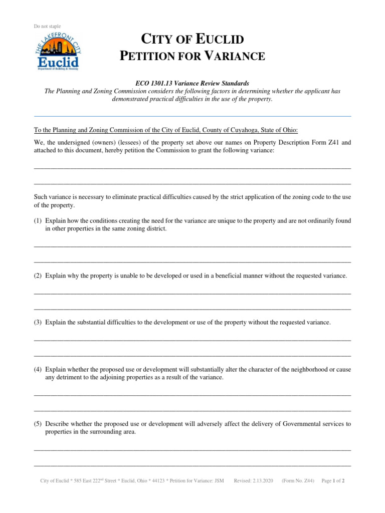 Petition For Variance 02022020 | PDF | Zoning | Common Law