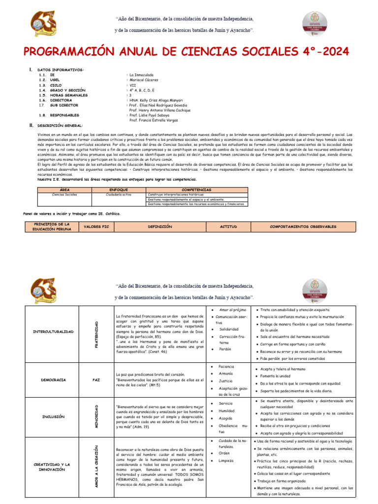 Programación Anual 4° CCSS | PDF | Educación primaria | Entorno natural