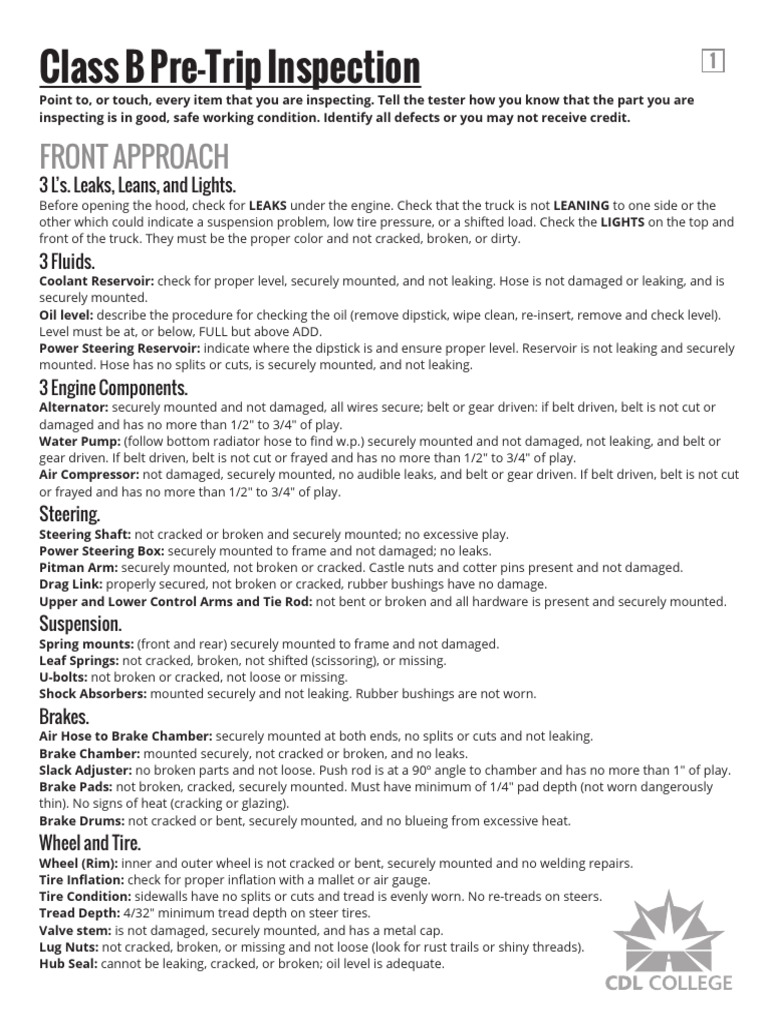 Class B CDL Pre Trip Simple | PDF | Tire | Truck