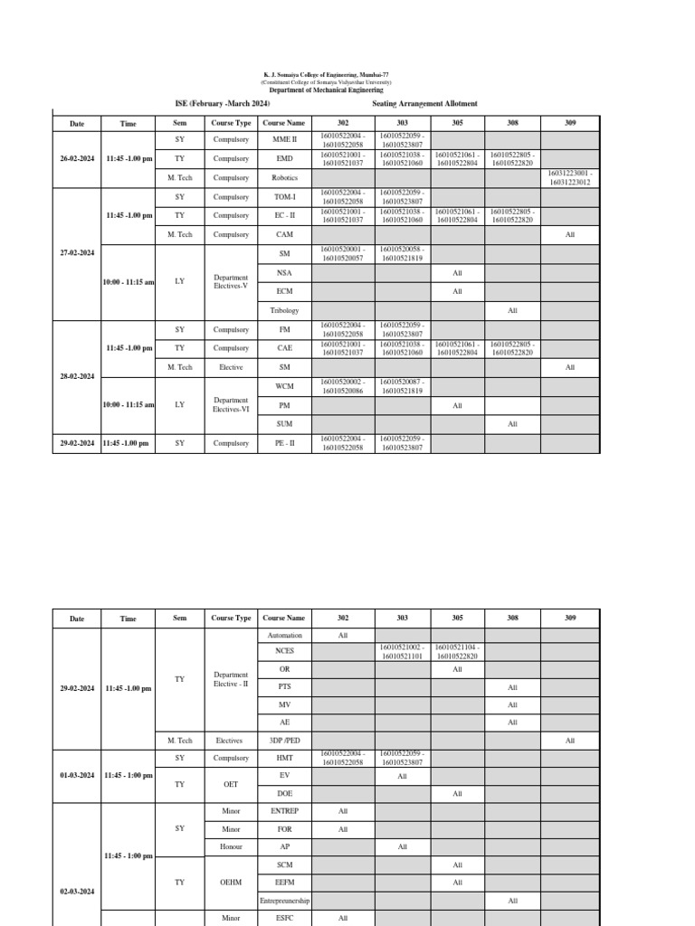 Seating Arrangement - ISE Feb 2024 - Mech | PDF | Physical Sciences | Engineering