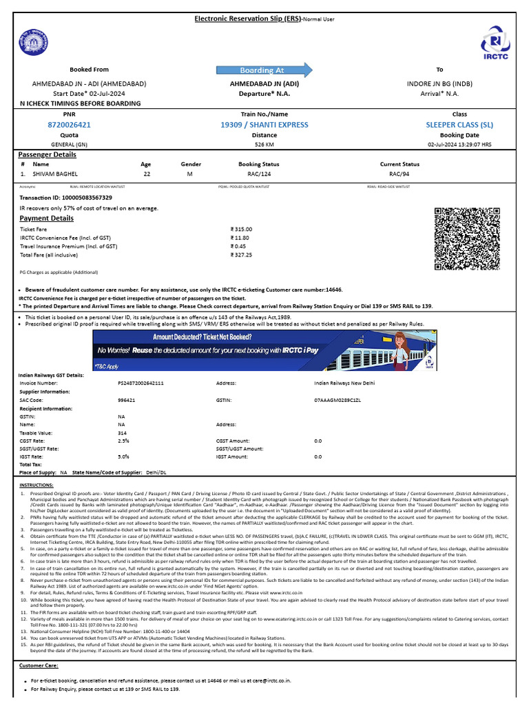 Shivam Ticket | PDF | Identity Document