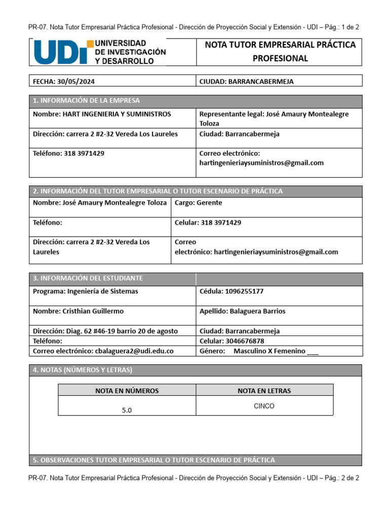 PR 07 Nota Tutor Empresarial | PDF