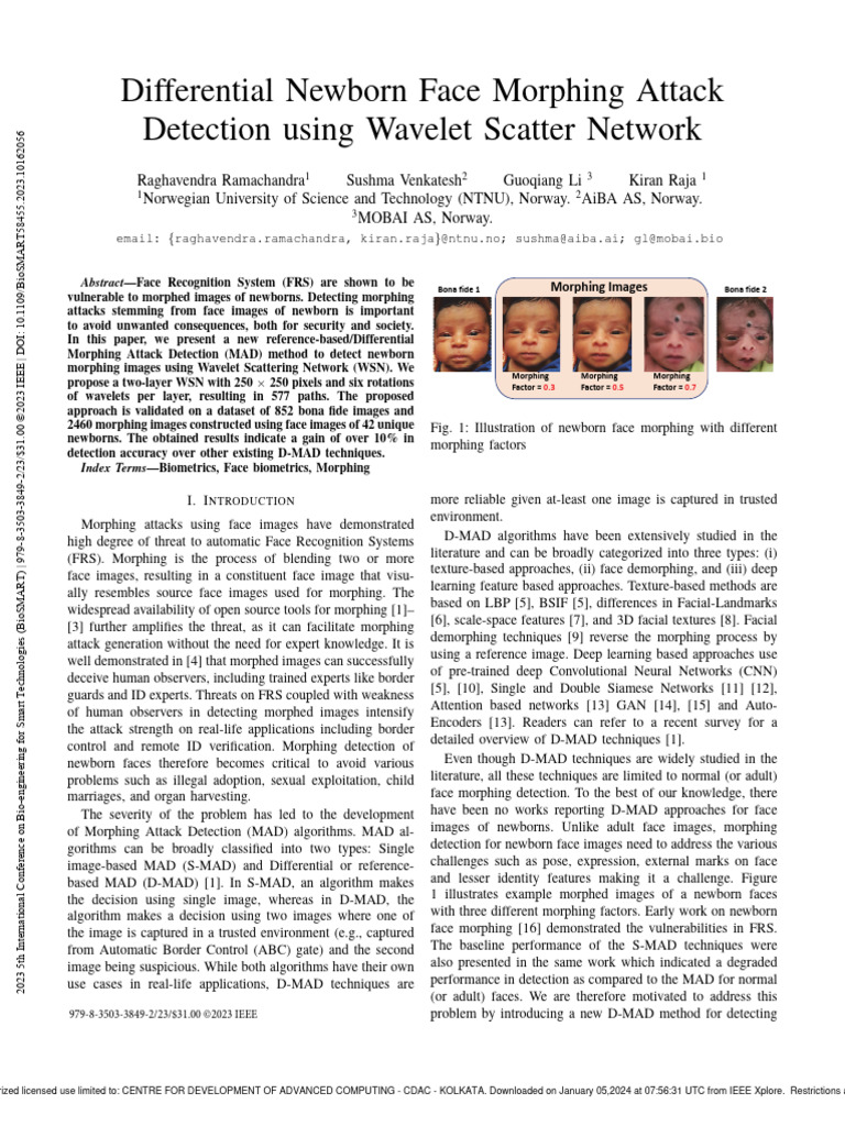 Differential Newborn Face Morphing Attack Detection Using Wavelet Scatter Network | PDF ...