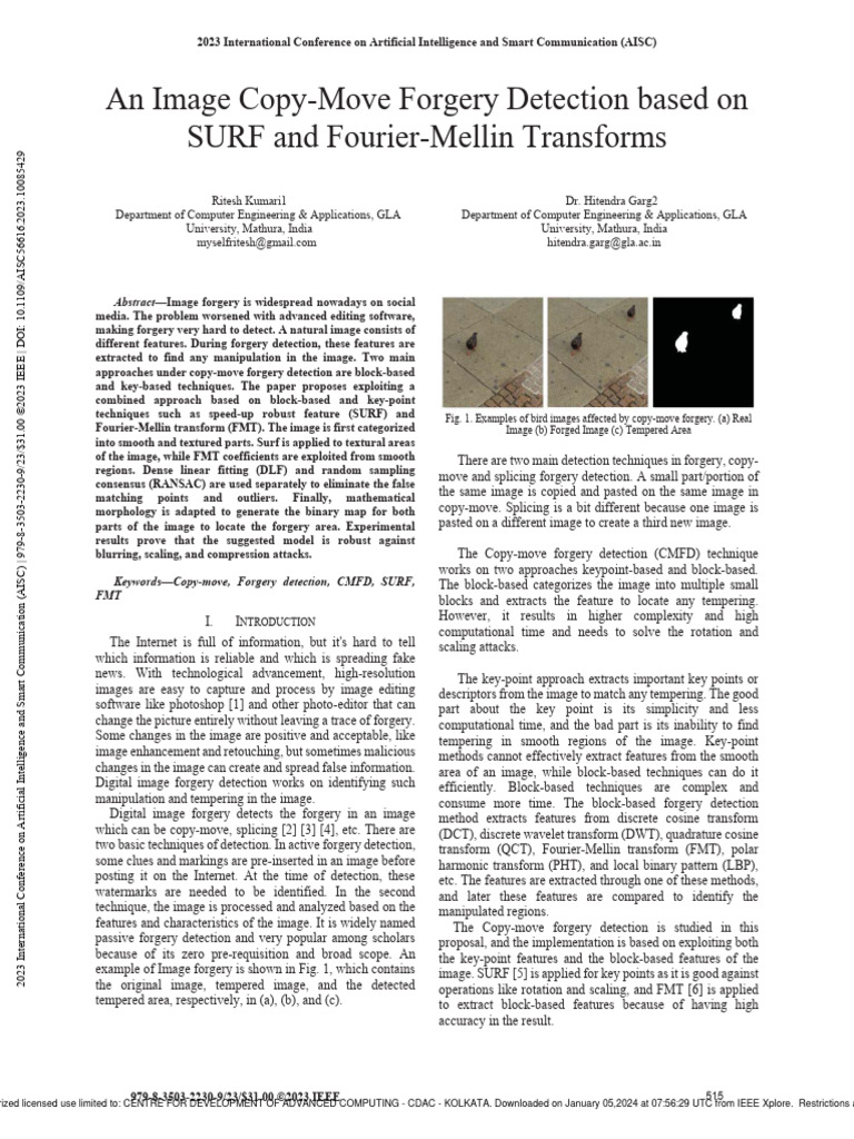 An Image Copy-Move Forgery Detection Based On SURF and Fourier-Mellin ...