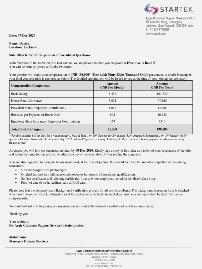 Offer Letter-Startek Aegis | PDF | Salary | Business