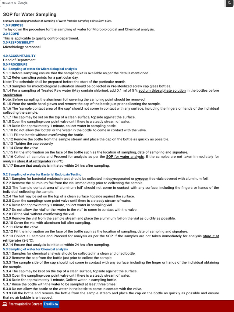 SOP For Water Sampling: 1.0 Purpose 2.0 SCOPE 3.0 Responsibility | PDF | Water