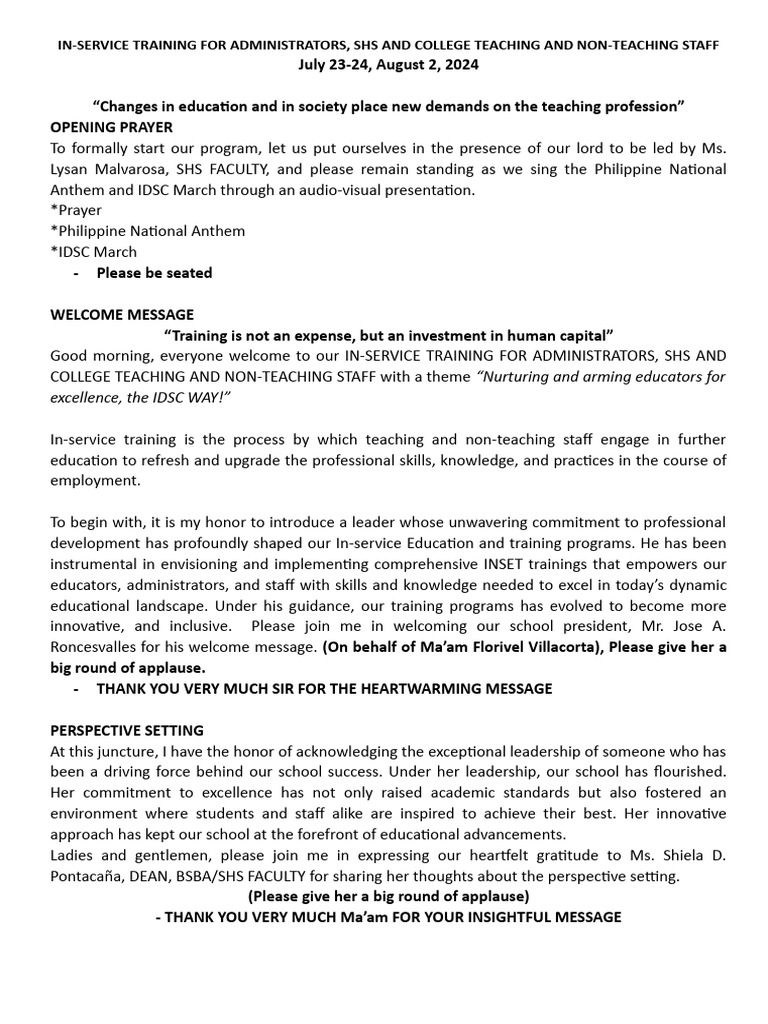 Inset Ceremony Pdf Learning Teachers