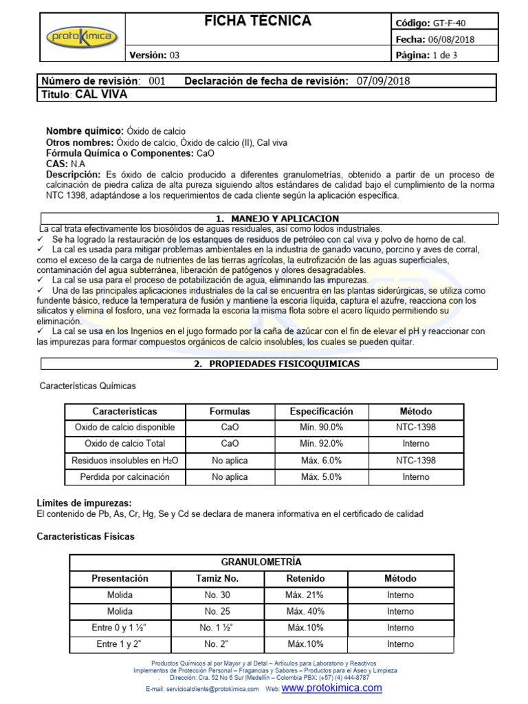 Ficha Tecnica-Cal-Viva-60557-1 | PDF | Lima (Material) | Materiales