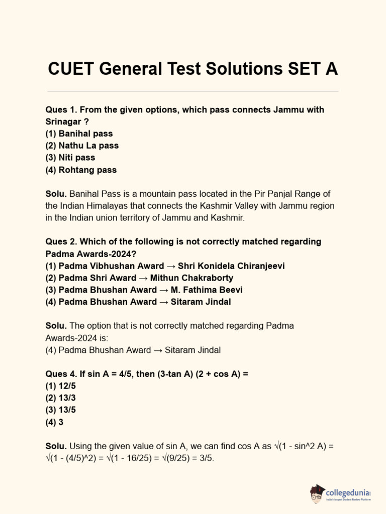 CUET General Test Solutions SET A | PDF