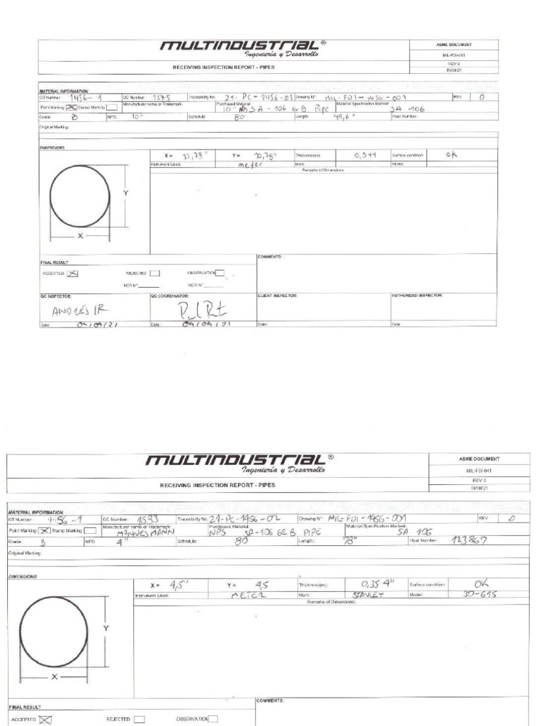 Mil Fdi 041 Receiving Inspection Report Pipes Pdf