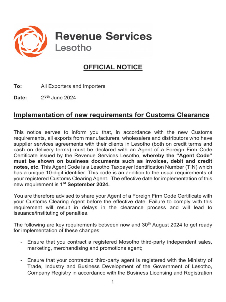 NEW DECLARATION REQUIREMENTS - Official Notice Signed 20240627 | PDF | Customs | Invoice