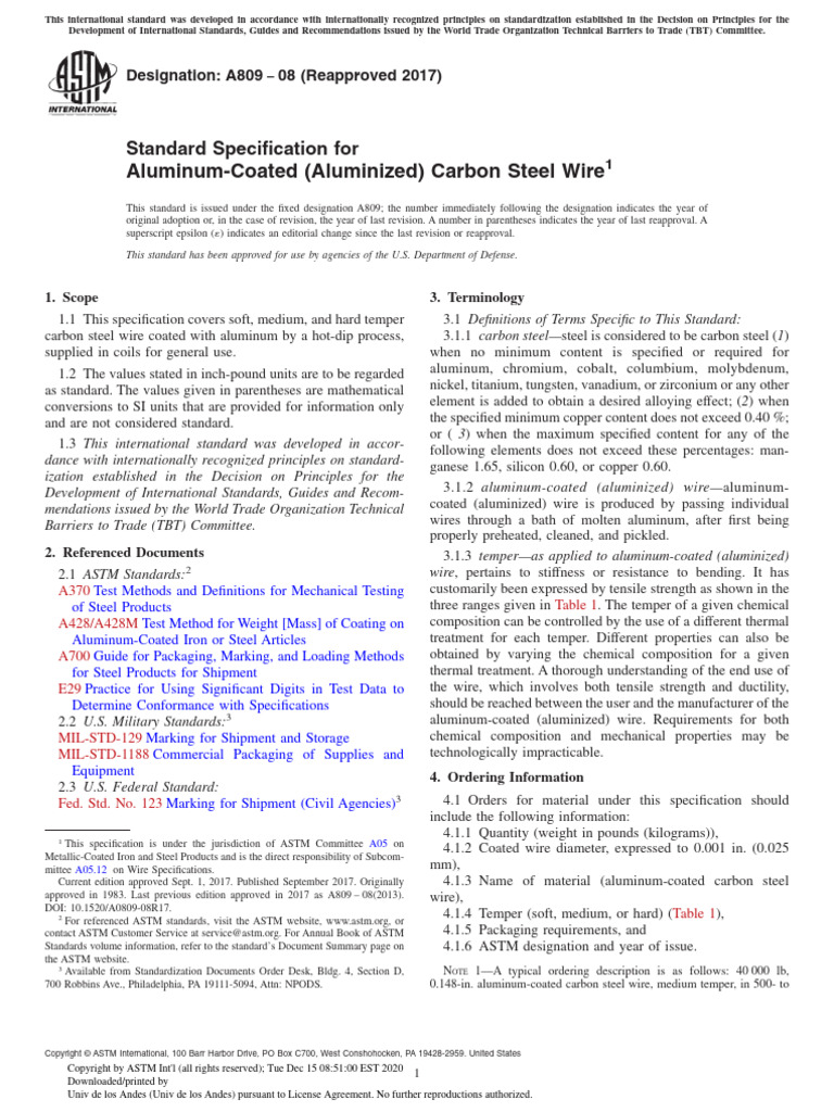 ASTM A809-17 Aluminum-Coated Carbon Steel Wire | PDF | Steel | Specification (Technical Standard)