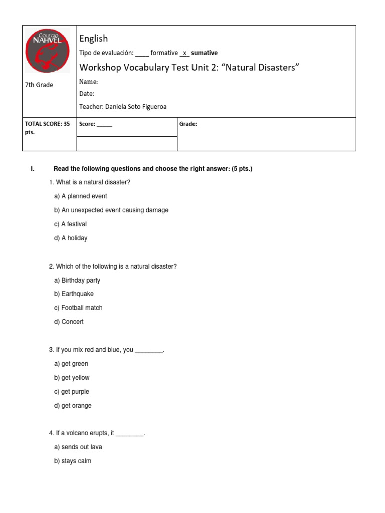 7th Grade Workshop Vocabualry Test Unit 2 | PDF | Natural Disasters ...