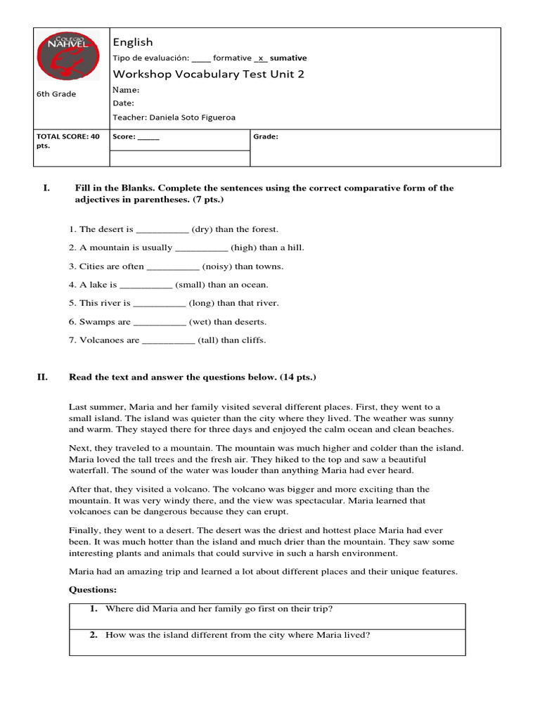 6th Grade Workshop Vocabualry Test Unit 2 | PDF | Mountains | Landscape