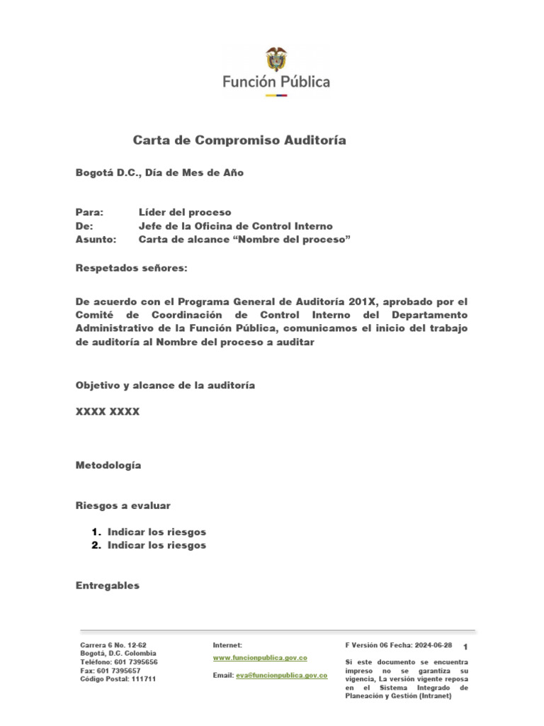 Formato Carta Compromiso v6 | PDF | Auditoría