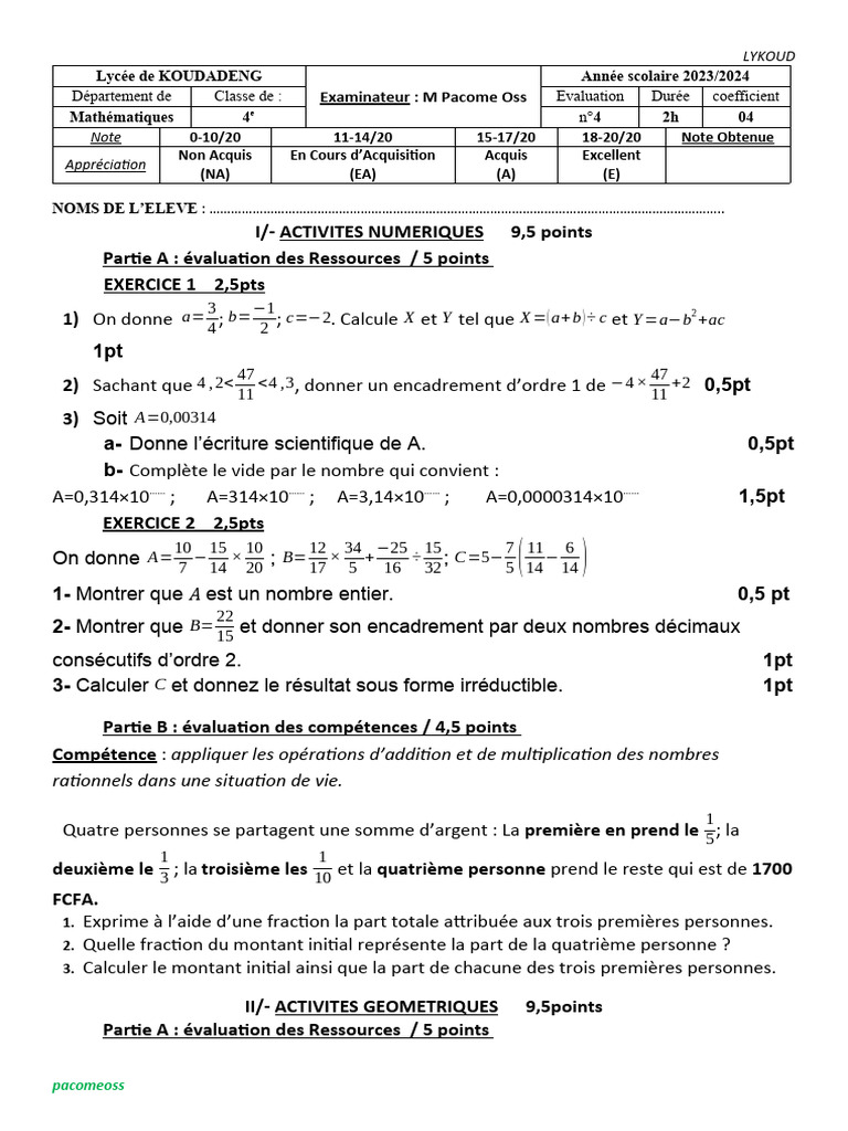 Évaluation de Maths 4ème - Année 2023/2024 | PDF
