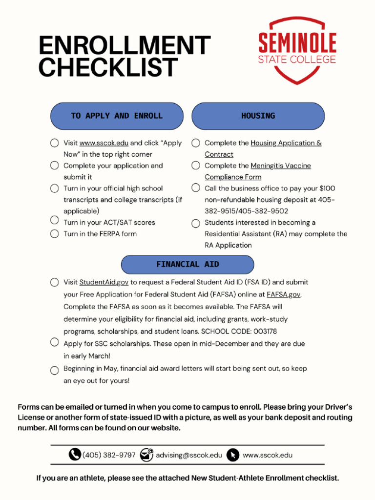 Enrollment Checklist - Applying, Enrolling, Housing PDF | PDF