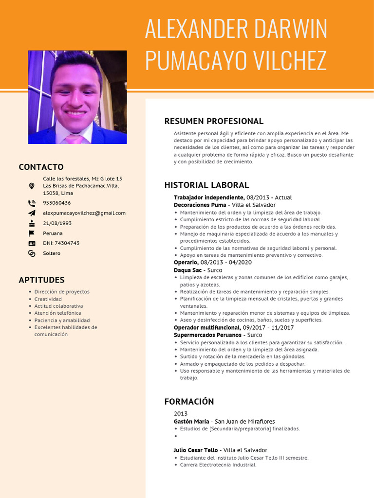 CV Alexander Darwin Puma Cayo Vil Chez | PDF