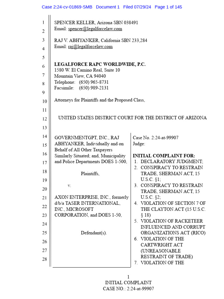 Complaint W Exhibits GovGPTvAxon&Microsoft D. Ariz. 24 CV 01869 ...