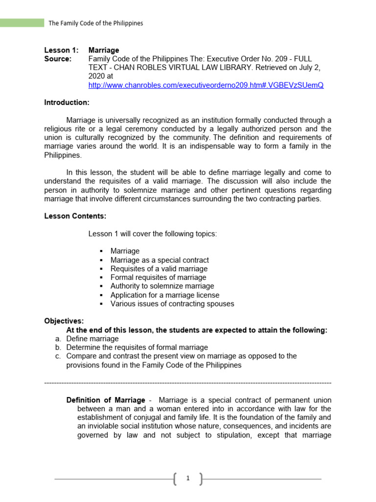 Chapter 1 The Family Code Lesson 1 | PDF | Marriage | Marriage License