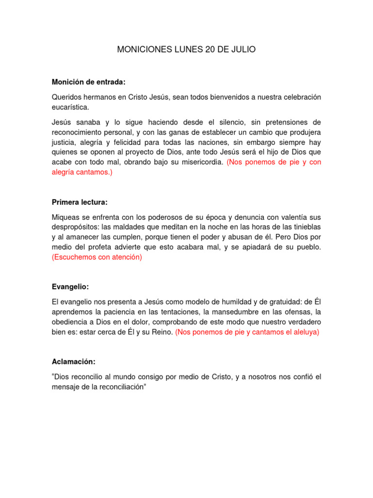 Moniciones Lunes 20 de Julio | PDF | eucaristía