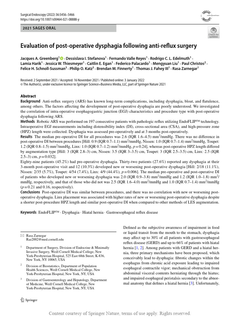 Evaluation of Post-Operative Dysphagia Following A | PDF ...