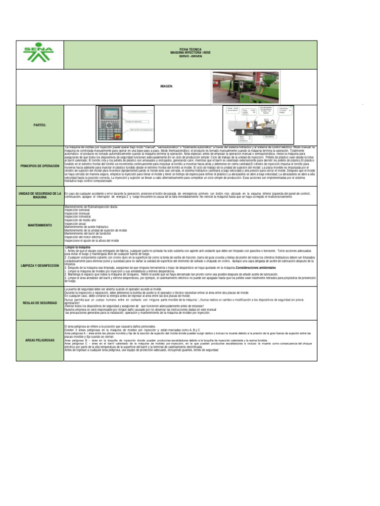 Ficha Tecnica Maquina Inyectora 190 Se | PDF | Tecnología