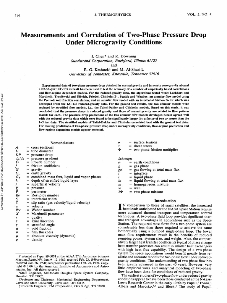 Measurements and Correlation of Two-Phase Pressure Drop Under Microgravity Conditions | PDF ...