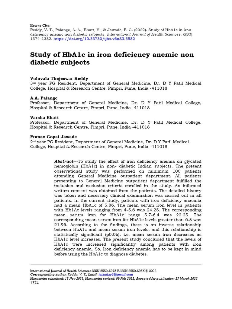 HbA1c Levels in Iron Deficiency Anemia | PDF | Glycated Hemoglobin | Anemia