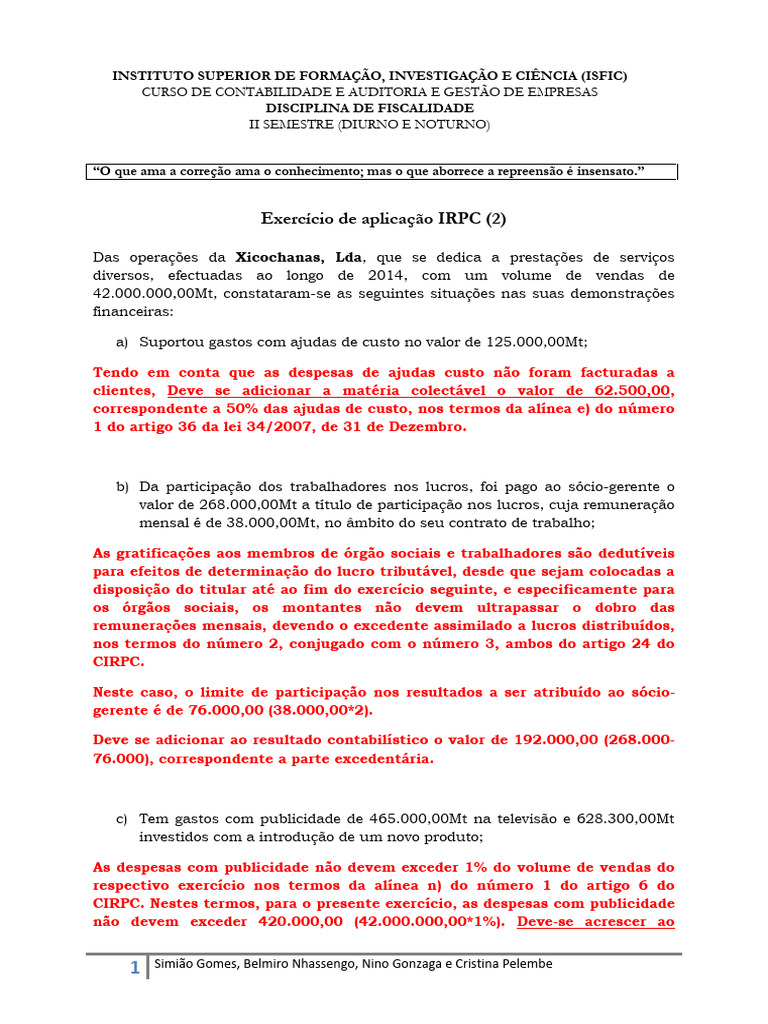 ISFIC Exercicios de IRPC (2 e 3) - Correccao | PDF | Despesa | Balancete