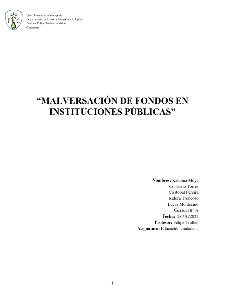 Malversacion De Fondos En Instituciones P blicas PDF Soborno