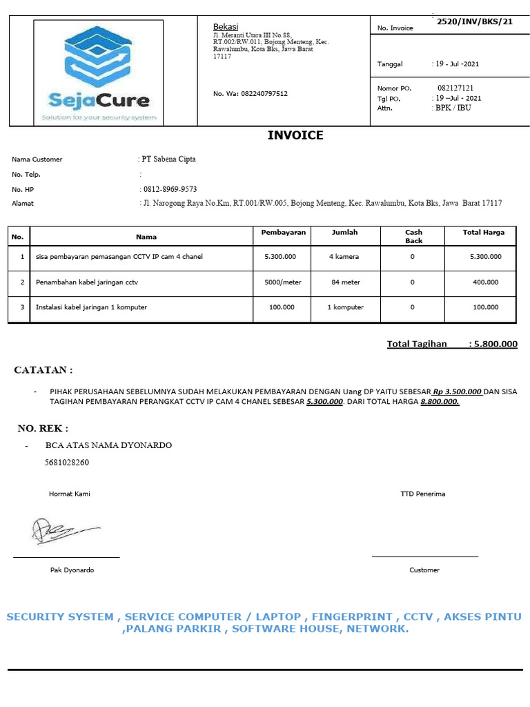 Invoice Sisa Pembayaran CCTV 4 Chanel Sabena Cipta | PDF