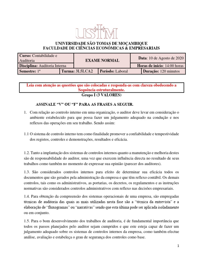 Exame Normal de Auditoria Interna | PDF | Contabilidade | Economia de ...
